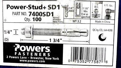 Powers Fastners 1/4" x 1-3/4" Power-Stud Wedge Anchor 7400SD1 100 pcs ...