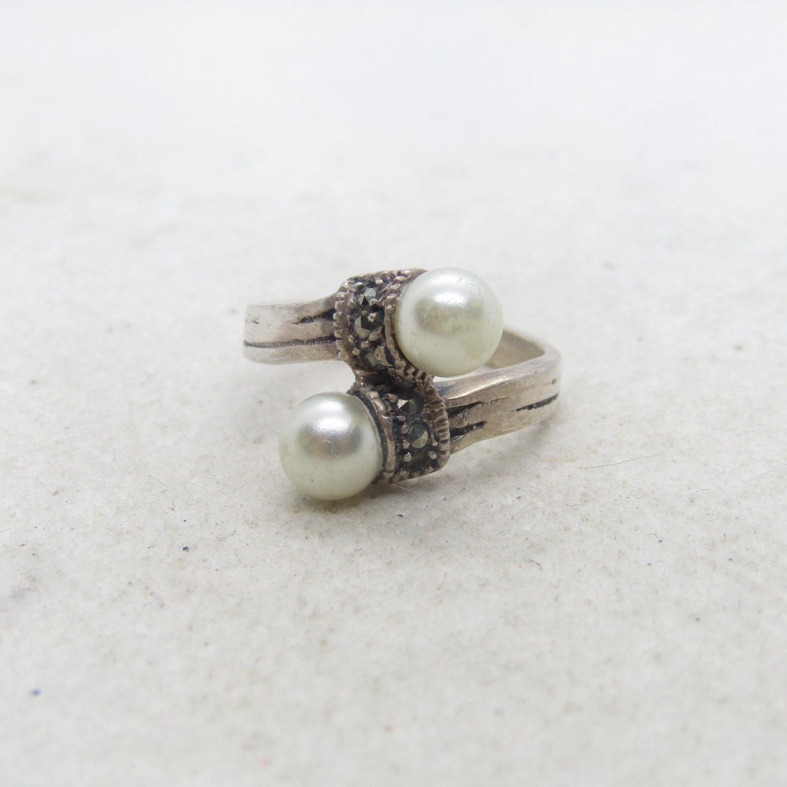 CW Sterling Silver 925 Pearl & Marcasite Wrap Around Ring Size 6 K5313 ...