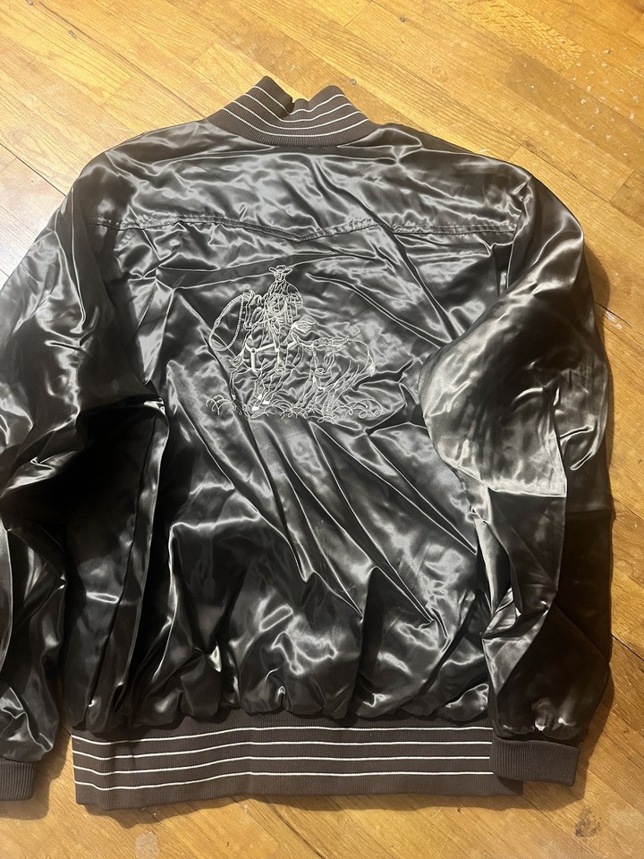 Vintage 70s Satin Bomber Jacket Cowboy Embroidered Western Men’s XL ...