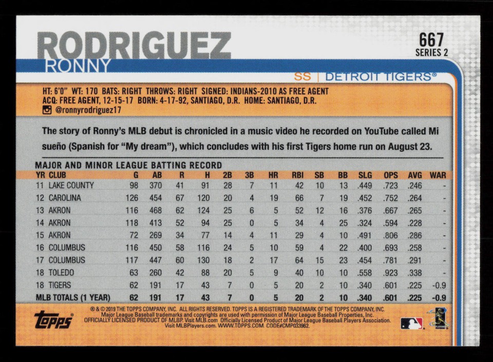 2019 Topps Ronny Rodriguez #667 RC Rookie Detroit Tigers Baseball Card ...