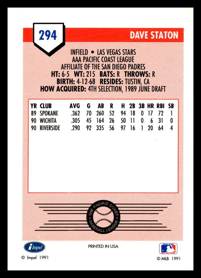 1991 Line Drive AAA #294 Dave Staton Las Vegas Stars Baseball Card | eBay