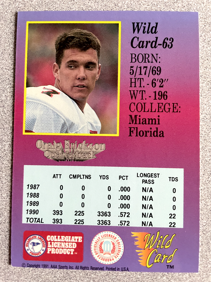 1991 Wild Card Draft Craig Erickson 10 Stripe Parallel Card #63 Miami ...