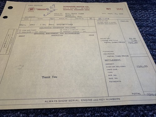 Vtg 1965 Chevrolet Used Auto Dealer Sales Receipt Car Dealership ...