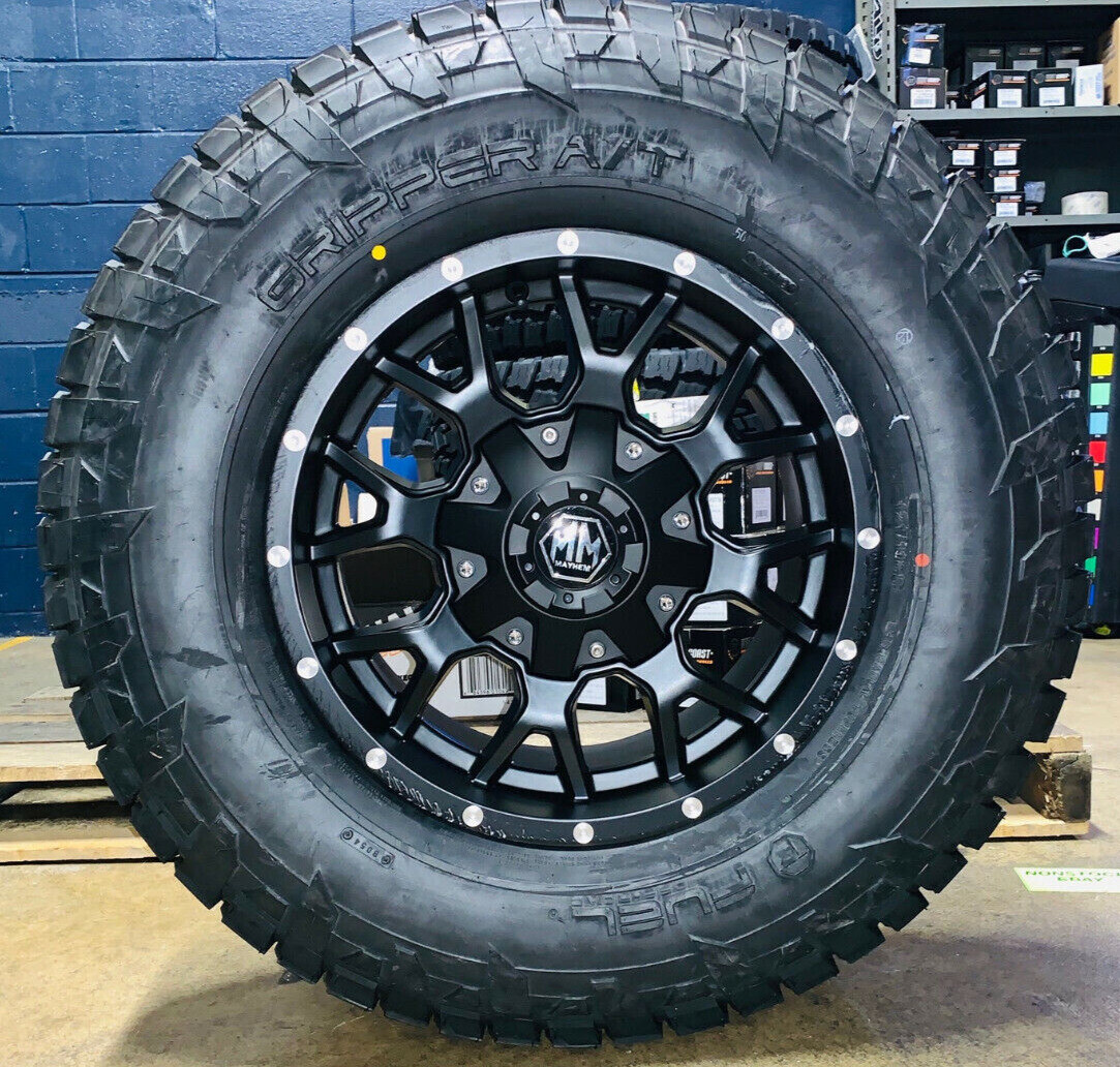 Mayhem Warrior Black 17x9 Wheels 33" AT Tires 8x180 Chevy Silverado ...