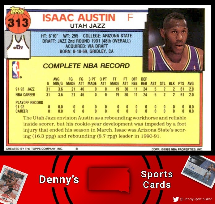 1992 Topps #313 Isaac Austin Utah Jazz Basketball Card | eBay