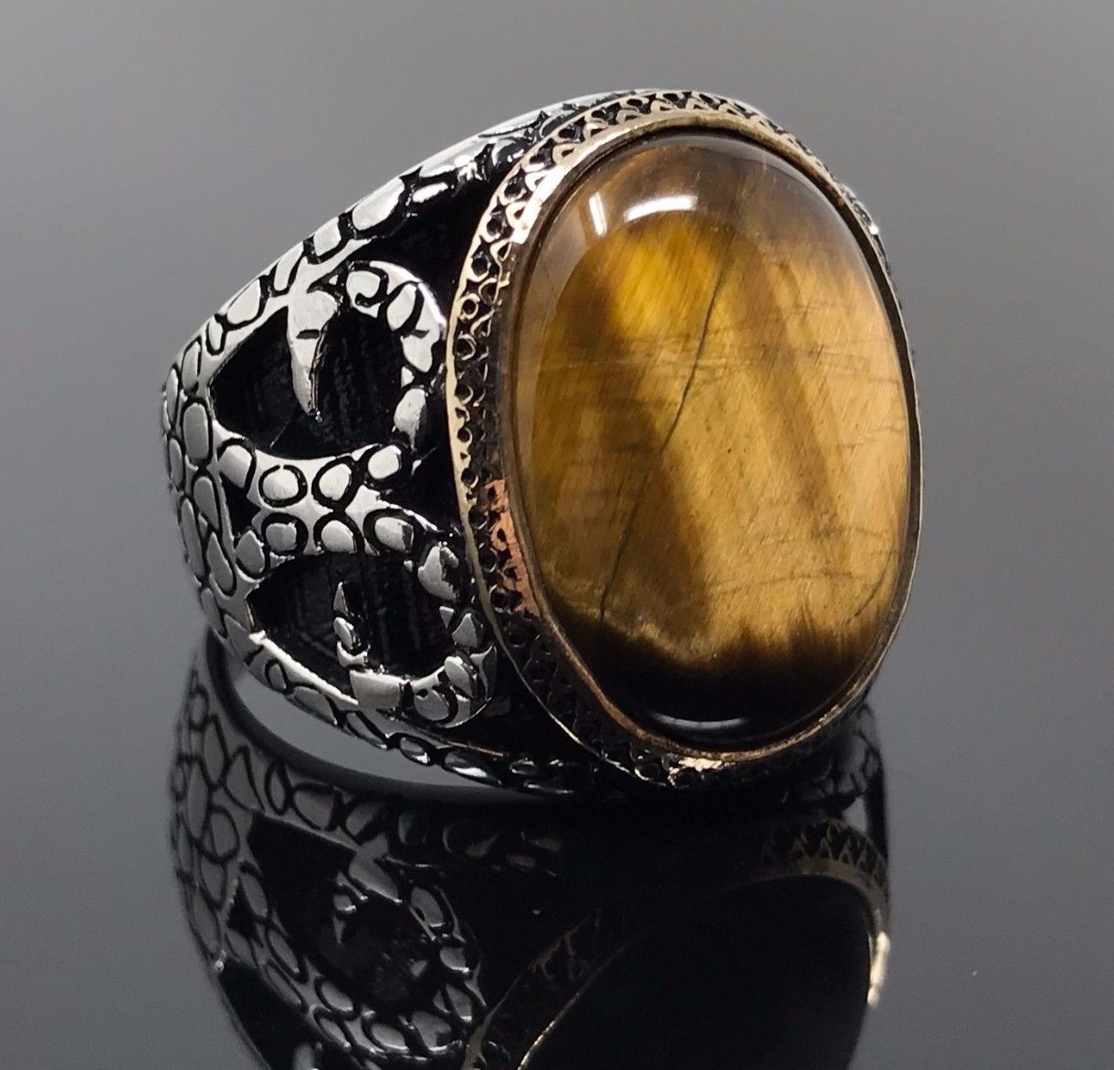 NEW Stylish & Unique 925K STERLING SILVER Tiger EYE MEN'S RING USA ...