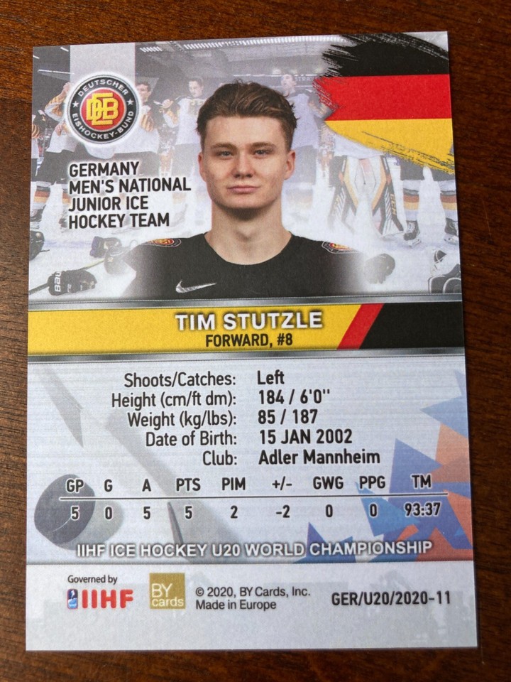 2020 Tim Stutzle BY Cards IIHF World Junior Championship Team Germany ...