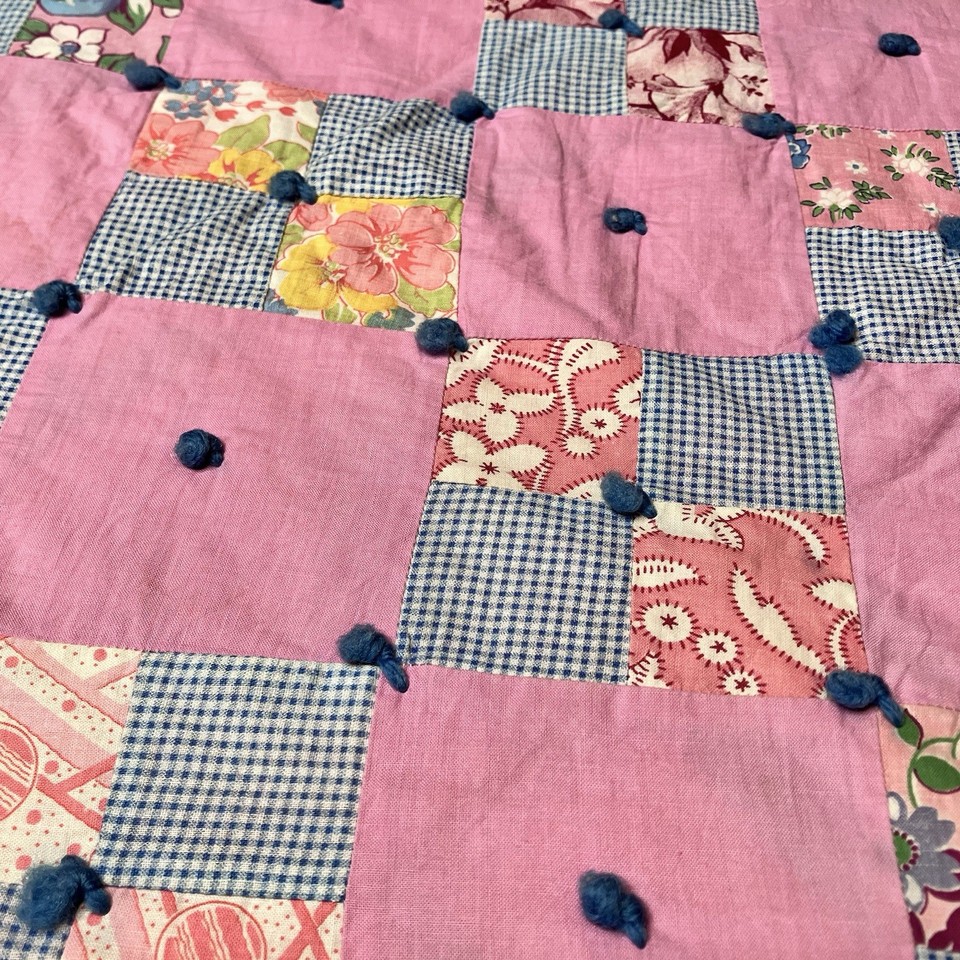 Vtg Handmade Baby Crib Quilt Blanket 48x48" Scrap Pink 4-Square Cotton ...