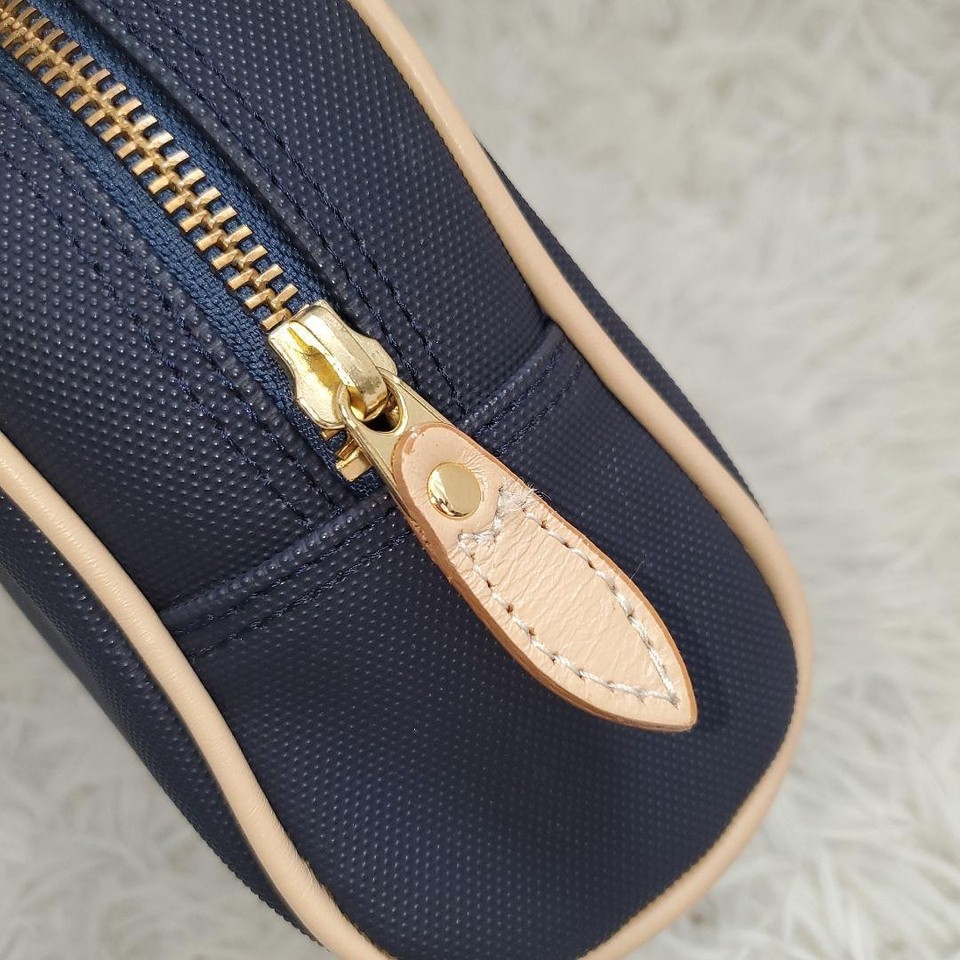 CHRISTIAN DIOR Nylon Leather Mini Handbag Navy Beige Gold Logo Plate ...