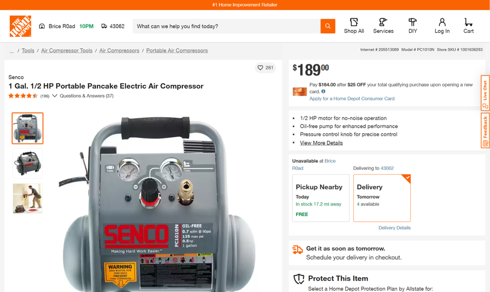 Senco 1 Gal. 1/2 HP Portable Pancake Electric Air Compressor PC1010N ...