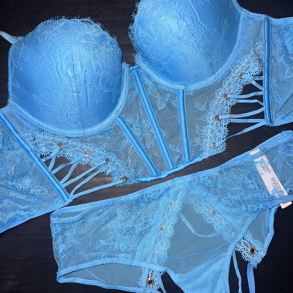 Victoria's Secret 34B,34C,34DD CORSET TOP BRA SET S,M,L Capri BLUE GROMMET ROSE | eBay