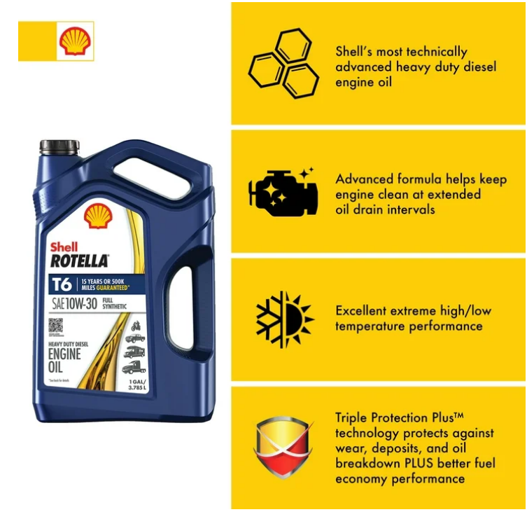 Shell Rotella T6 Full Synthetic 10W-30 Diesel Engine Oil, 1 Gallon x2 ...