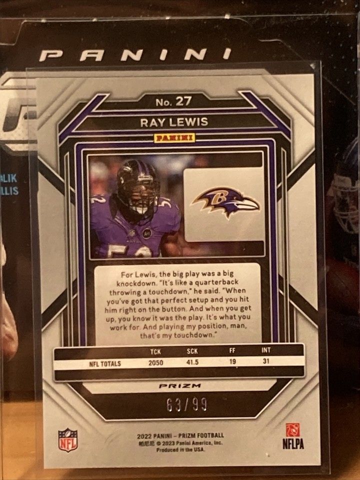 2022 Panini Prizm Ray Lewis Blue Cracked Ice Prizm /99 Baltimore Ravens ...