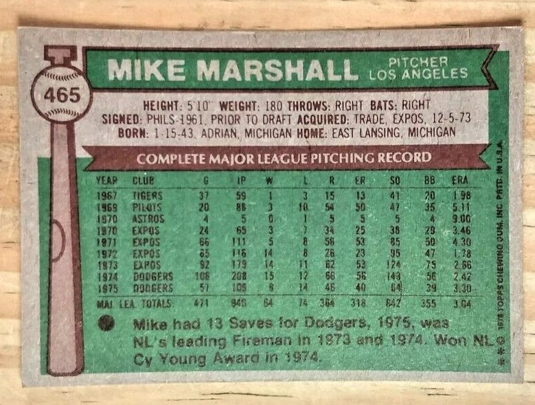 1976 TOPPS MIKE MARSHALL CARD#469 DODGERS TWINS BRAVES RANGERS METS ...