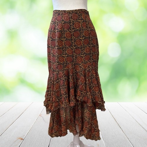Vintage PERUVIAN CONNECTION Maxi Skirt Size 6 Floral Silk Ruffle Boho ...