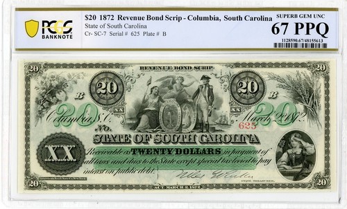 1872 $20 Revenue Bond Scrip Columbia South Carolina 67PPQ PCGS Banknote ...