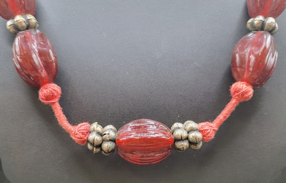 Vintage RED GLASS BEADS Necklace & Earrings Set BOHO CHIC Ethnic GYPSY ...