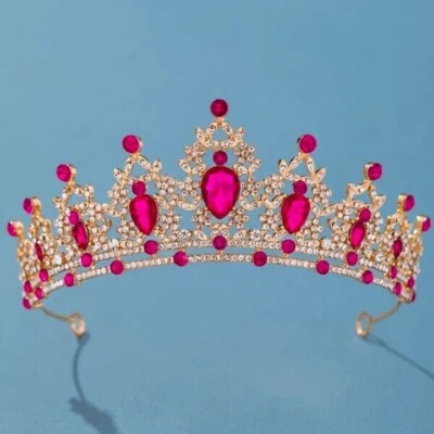 BRAND NEW ROSE GOLD CROWN/TIARA WITH HOT PINK & CLEAR CRYSTALS, BRIDAL ...