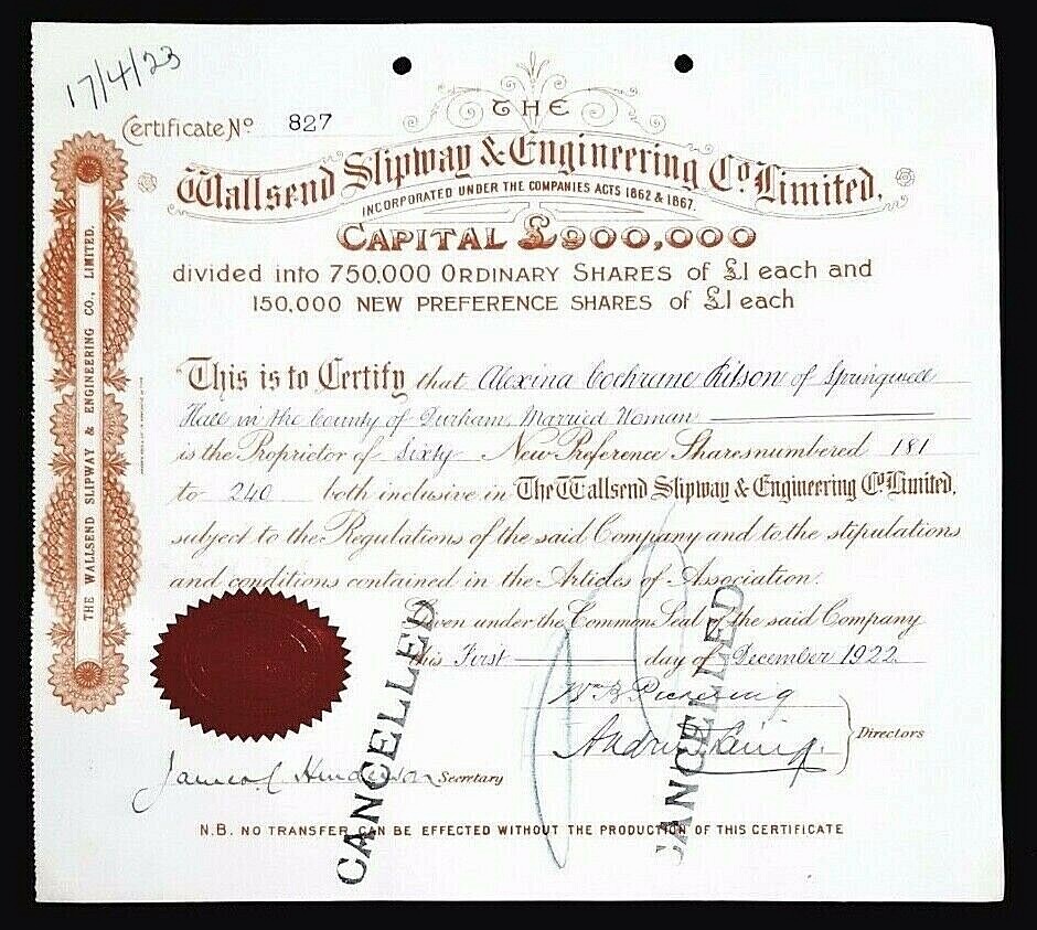 1920s WALLSEND SLIPWAY & ENGINEERING CO. Stock Certificate - RMS ...