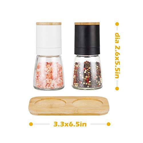 Salt And Black Pepper Grinder Set Bamboo Lid And Wood Stand Refillable ...
