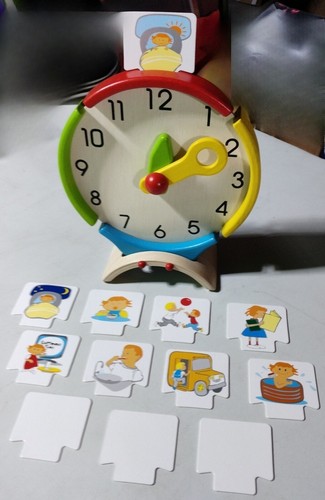NEW Wooden Activity Clock Educational Toy Clock + Cards Preschool 4 ...
