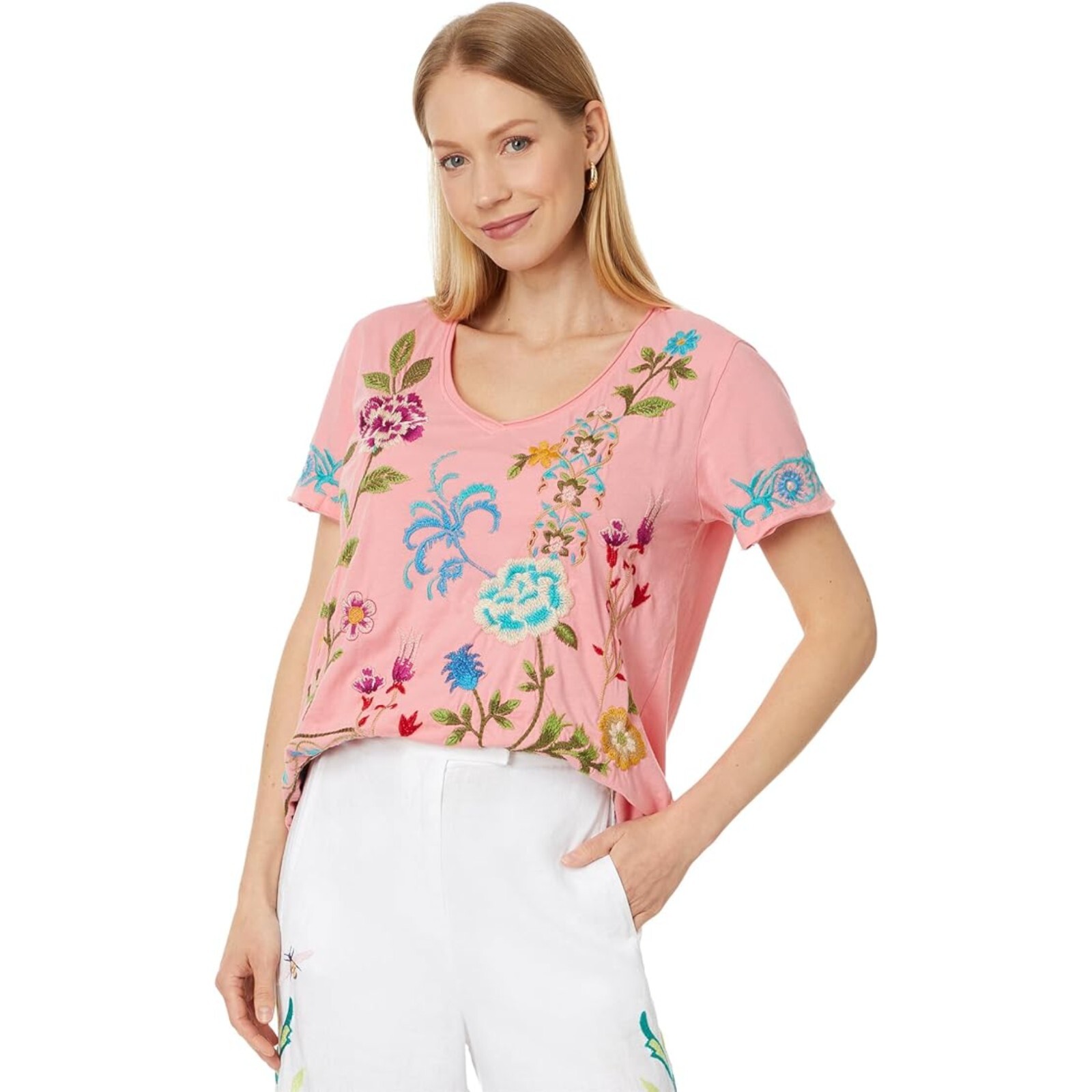 Johnny Was Sheri Everyday Tee Short Sunset Pink Embroidery Floral Shirt ...