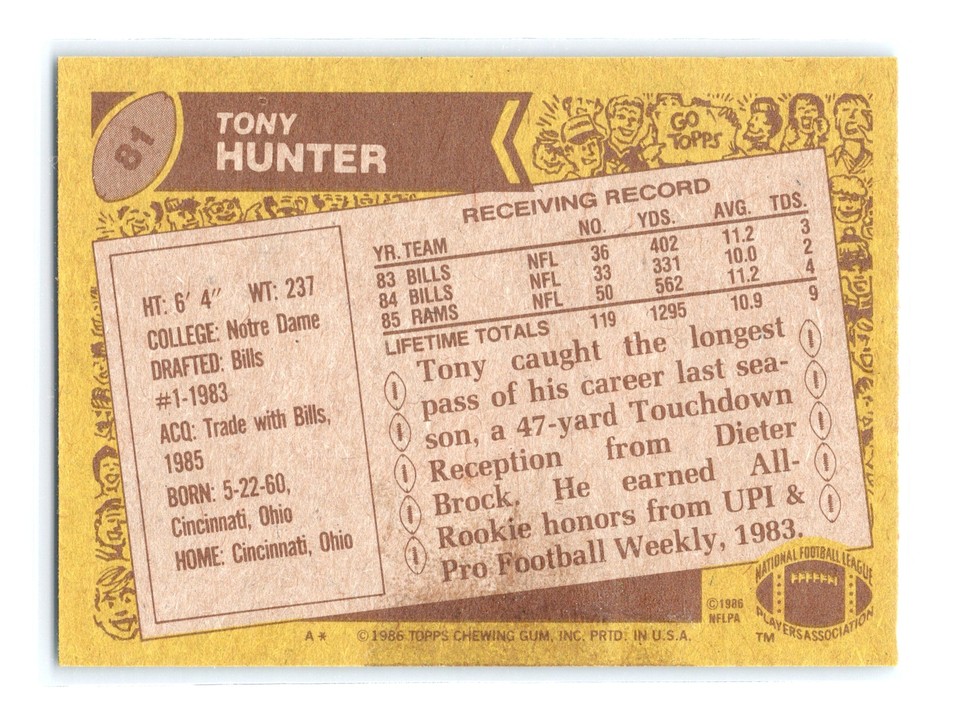 1986 Topps Football #81 Tony Hunter RC Rookie Los Angeles Rams | eBay