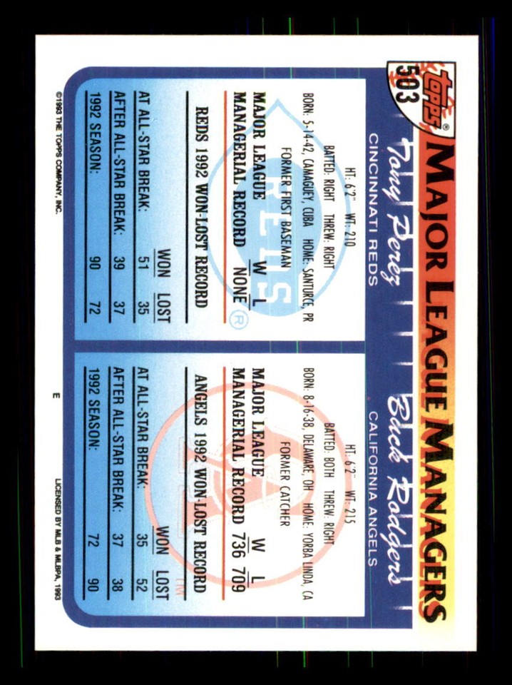 1993 Baseball Topps Buck Rodgers / Tony Perez MGR Angels/Reds #503 | eBay