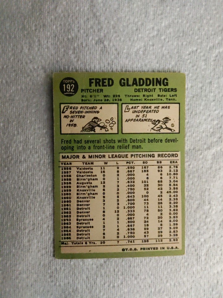 1967 Topps Baseball Card #192 Fred Gladding - * gd small wrinkle free ...