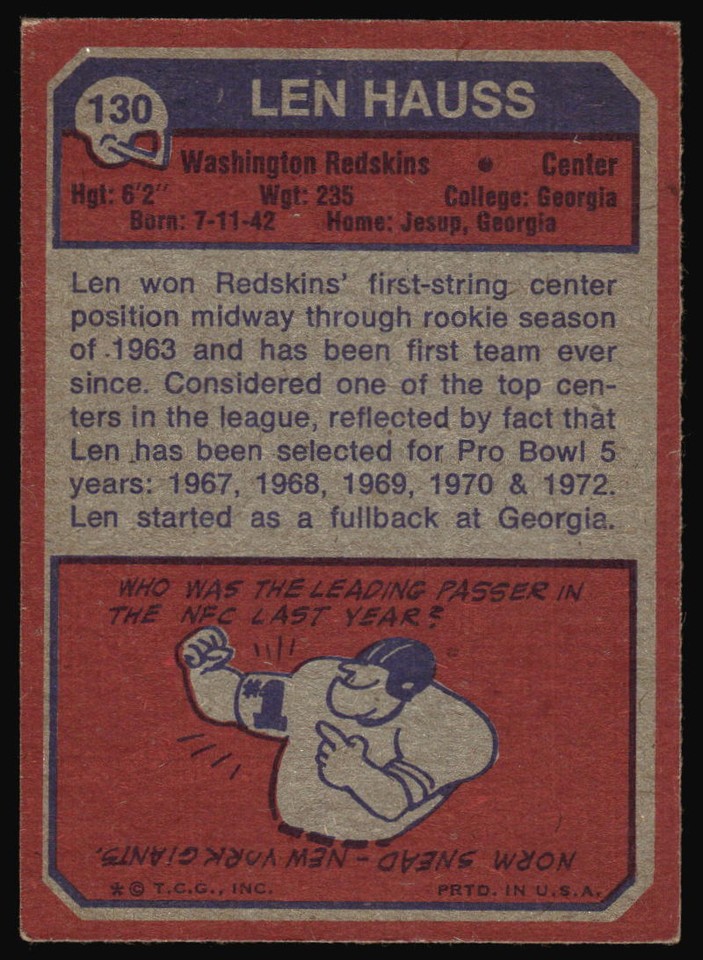1973 Topps Len Hauss #130 Washington Redskins | eBay