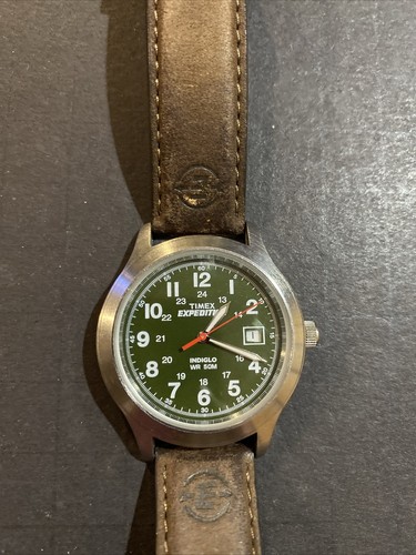 Timex T40051, Men's "Expedition" Brown Leather Watch, Indiglo, Date | eBay