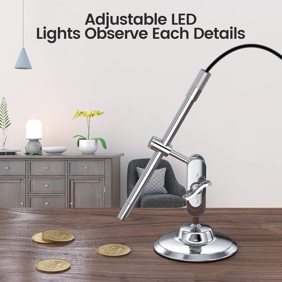 USB/USB-C Digital Microscope 10X to 200X Magnification Camera with 8 ...