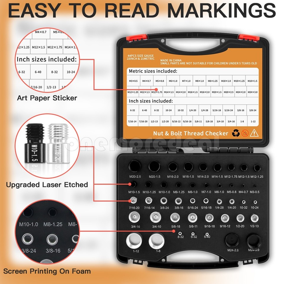 44pcs Nut+Bolt Thread Checker Inch & Metric Sizes Bolt+Nut Identifier ...