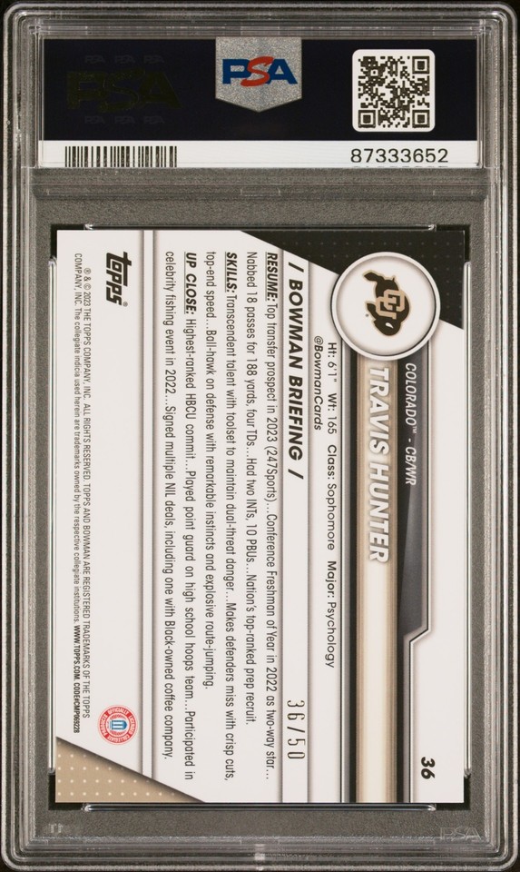 2023 BOWMAN U CHROME SAPPHIRE GOLD #36 TRAVIS HUNTER ROOKIE RC 36/50 ...