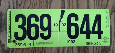 1992 Wisconsin Resident Deer Gun Hunting Back Tag License Blaze Yellow ...