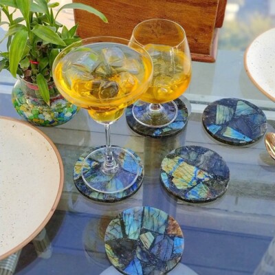 Natural Labradorite Round Coaster Gemstone Bar Coaster Gift Set 2 pcs 6 ...