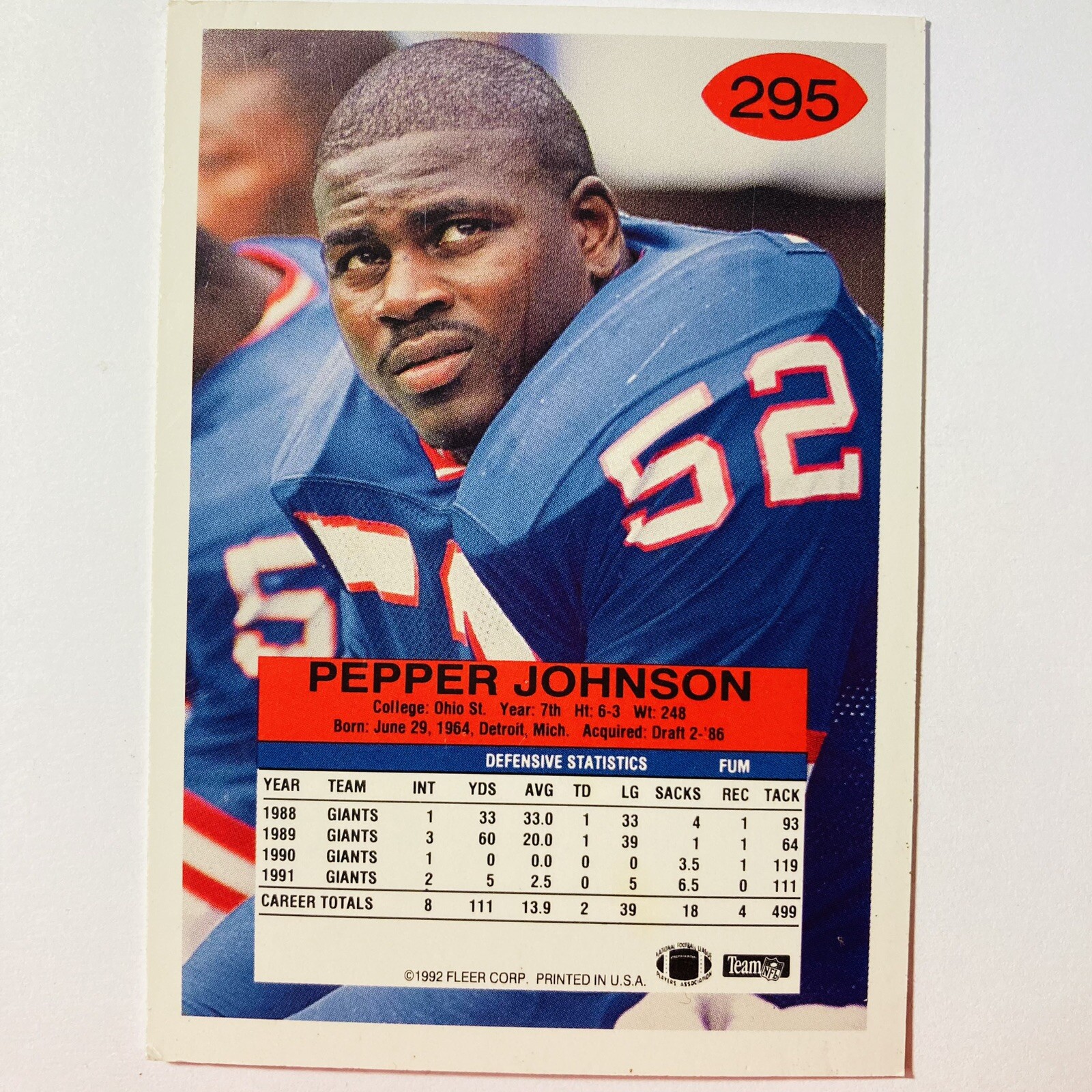 #295 Pepper Johnson - New York Giants - 1992 Fleer Football tc1 | eBay