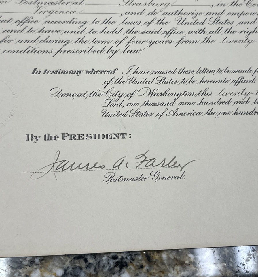 1938 FRANKLIN ROOSEVELT POSTMASTER GENERAL APPOINTMENT CERTIFICATE ...
