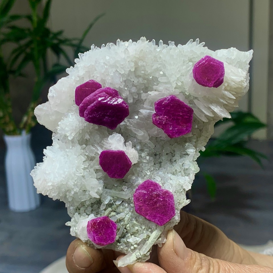158G Rare Special White Rose Calcite +Flaky Ruby Raw Crystal Mineral ...