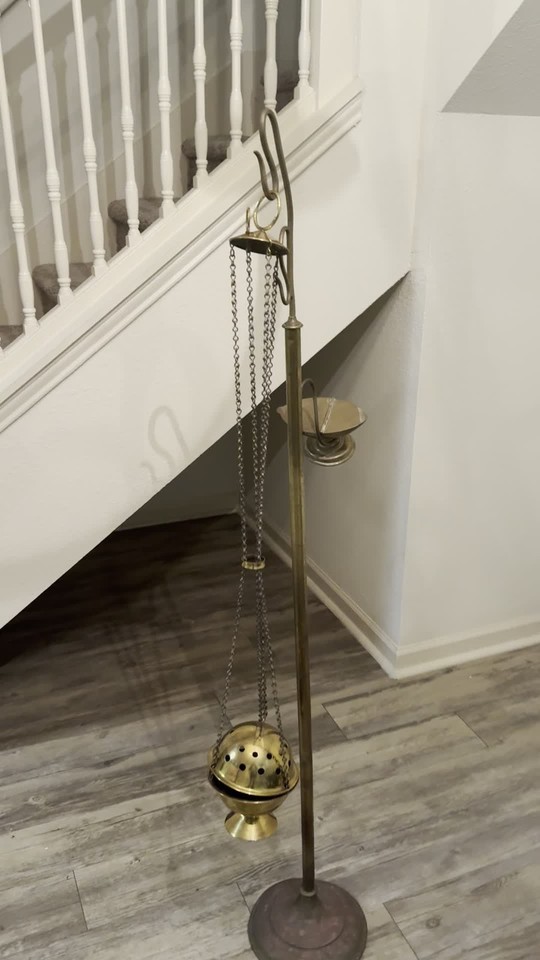 Antique Brass Hanging Thurible with Incense Boat & Stand From Church In ...