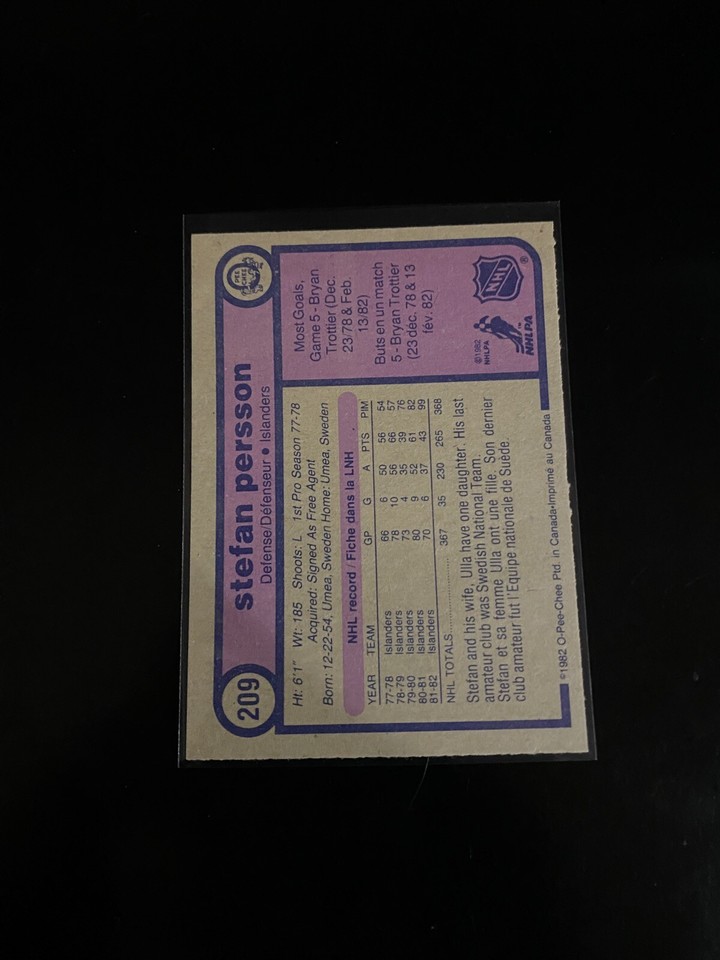 Stefan Persson 1982 O-Pee-chee hockey card Islanders 209 NRMT-MT PWE | eBay