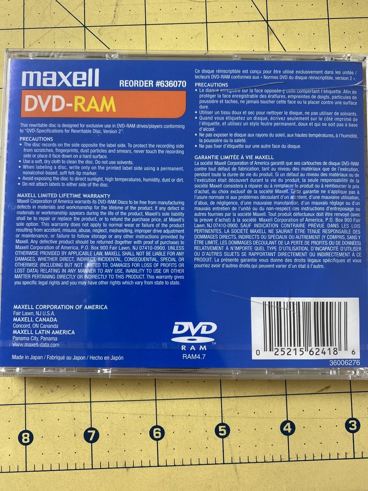Maxell 1-pack DVD-RAM Media 4.7GB Rewrite - 025215624186 New Sealed ...