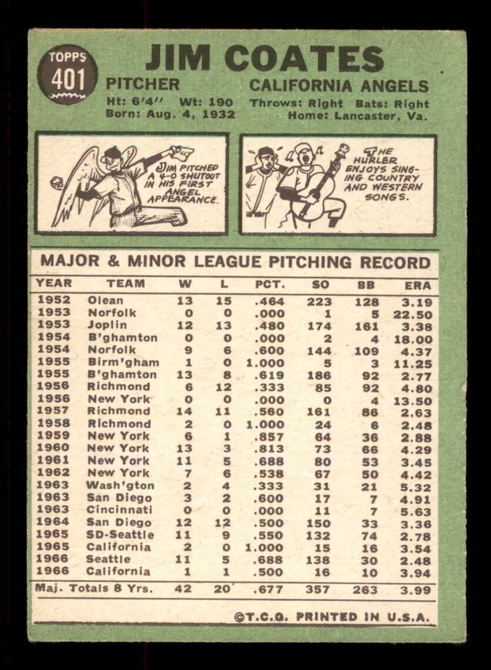 1967 Topps Baseball #401 Jim Coates EX *e1 | eBay