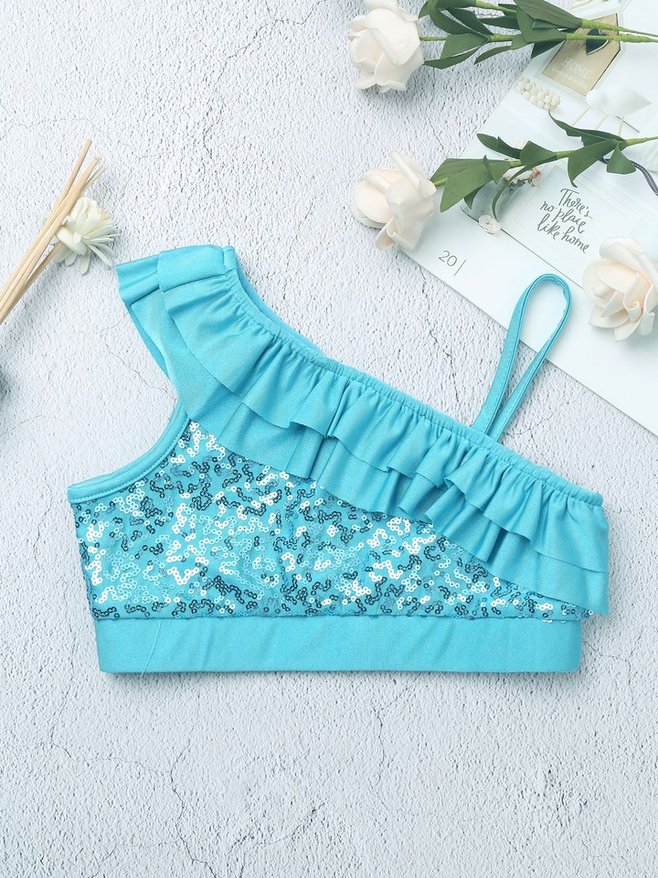 Girls Sequined Ruffled Ballet Dance Crop Top Modern Jazz One Shoulder ...