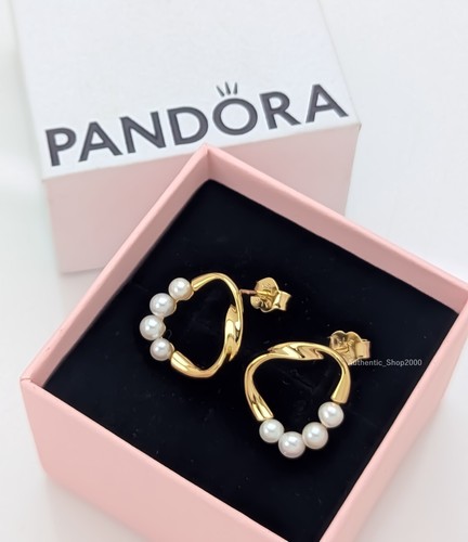 New 100% PANDORA Gold Organically Shaped Circle & Pearl Stud Earrings ...