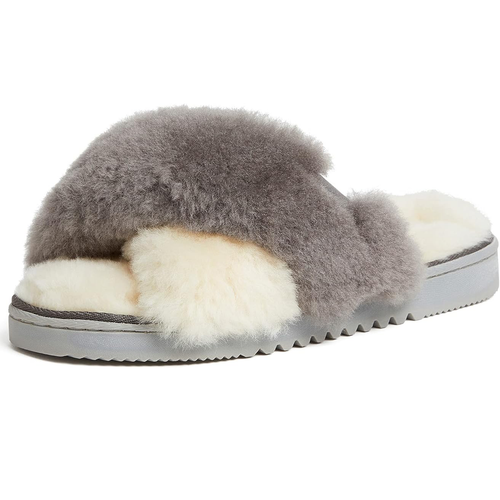 Fireside Dearfoams 9-US 40-EU Gray Ivory Genuine Wool Shearling Women's ...