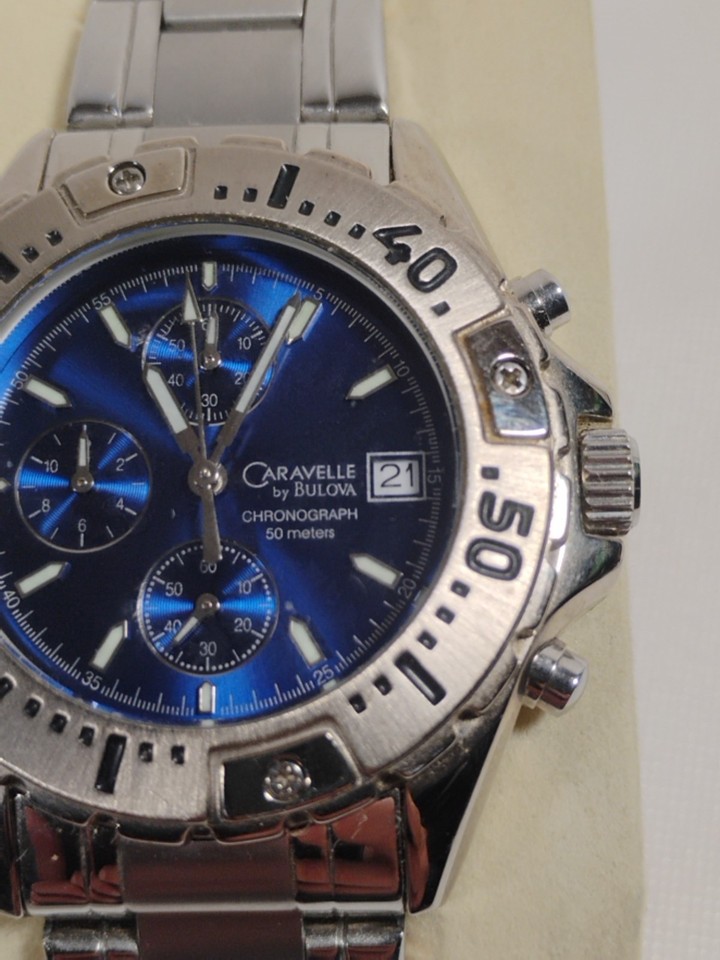 Caravelle Bulova Watch Men Silver Stainless St 50m Batt Chron Date Blue ...