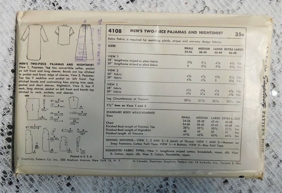 VINTAGE Complete w Factory Folds 1952 Simplicity Pattern 4108 Men's ...