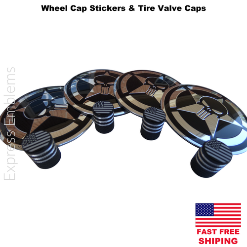 4x Punisher Star Wheel Cap Hub Sticker Decals (2.20") & 4x Tire Valve ...