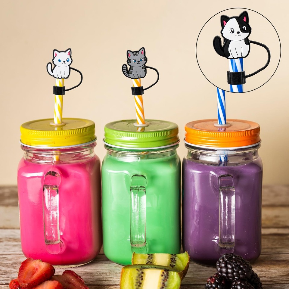 6Pcs Cute Cat Straw Covers Black White Grey Reusable Straw Topper Caps ...